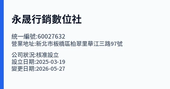 永晟行銷數位社的照片-統編 60027632(新北市) 公司登記資料與營業項目詳細圖表