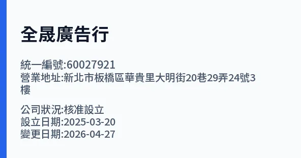 全晟廣告行的照片-統編 60027921(新北市) 公司登記資料與營業項目詳細圖表