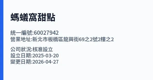 螞蟻窩甜點的照片-統編 60027942(新北市) 公司登記資料與營業項目詳細圖表