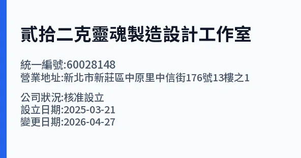 貳拾二克靈魂製造設計工作室的照片-統編 60028148(新北市) 公司登記資料與營業項目詳細圖表