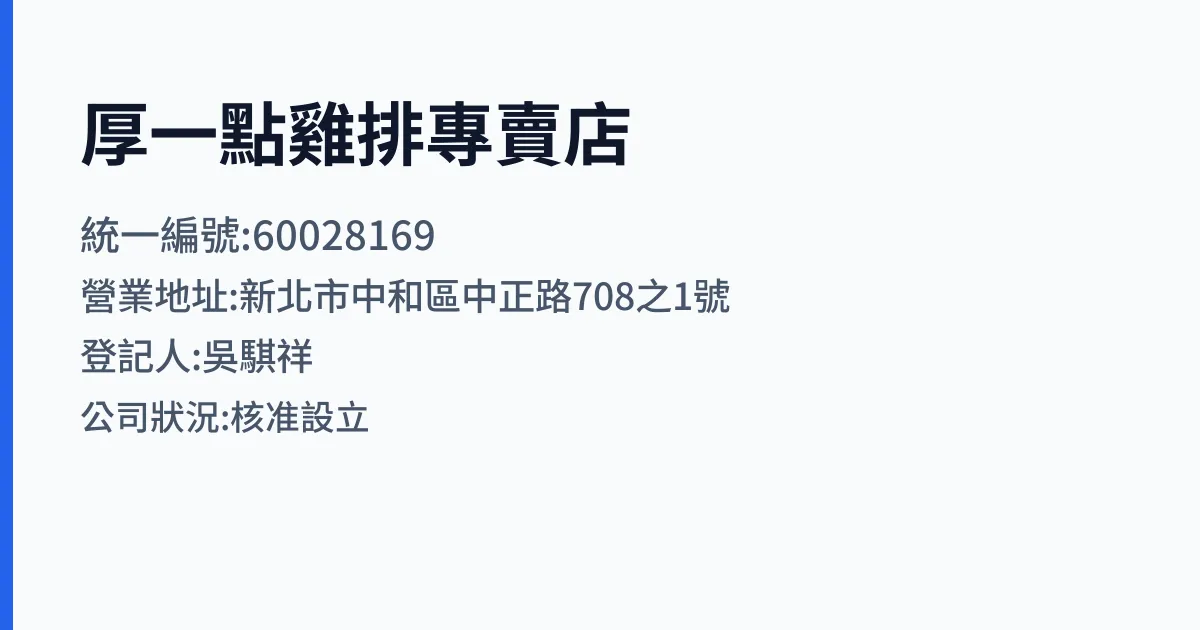 厚一點雞排專賣店 - 統編 60028169(新北市) 公司登記資料與營業項目詳細圖表