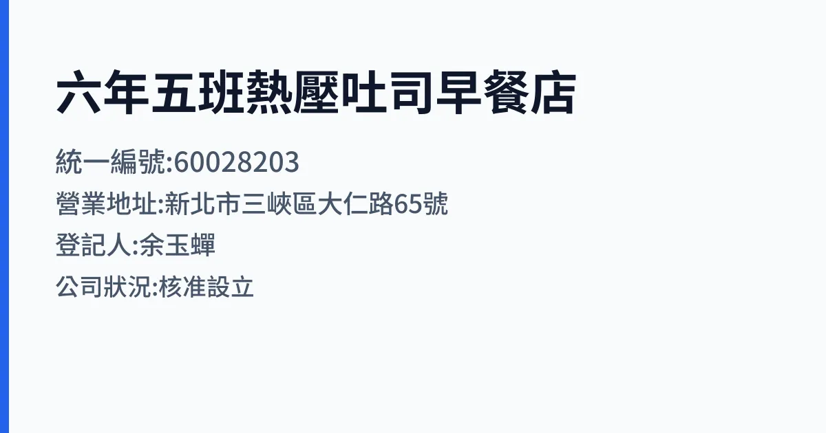 六年五班熱壓吐司早餐店 - 統編 60028203(新北市) 公司登記資料與營業項目詳細圖表