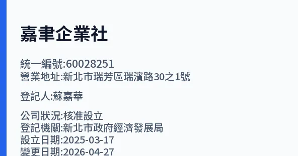 嘉聿企業社的照片-統編 60028251(新北市) 公司登記資料與營業項目詳細圖表