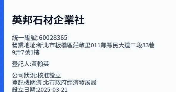 英邦石材企業社的照片-統編 60028365(新北市) 公司登記資料與營業項目詳細圖表