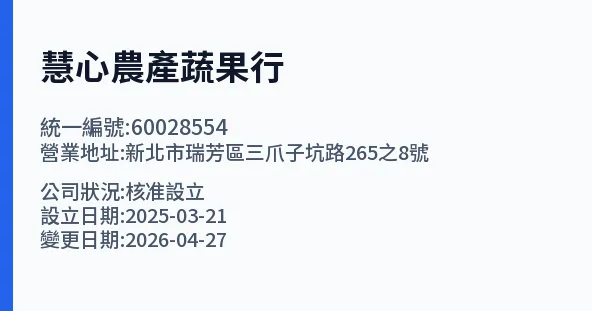 慧心農產蔬果行的照片-統編 60028554(新北市) 公司登記資料與營業項目詳細圖表