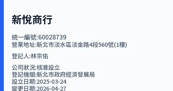 新悅商行的照片-統編 60028739(新北市) 公司登記資料與營業項目詳細圖表