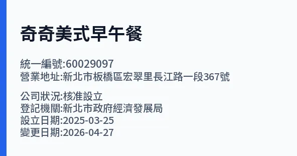 奇奇美式早午餐的照片-統編 60029097(新北市) 公司登記資料與營業項目詳細圖表