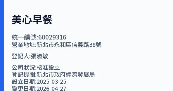 美心早餐的照片-統編 60029316(新北市) 公司登記資料與營業項目詳細圖表