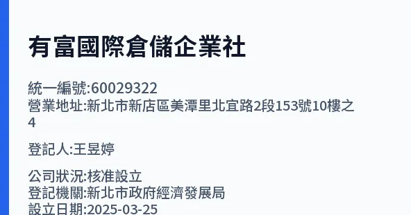 有富國際倉儲企業社的照片-統編 60029322(新北市) 公司登記資料與營業項目詳細圖表