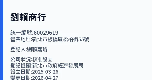 劉賴商行的照片-統編 60029619(新北市) 公司登記資料與營業項目詳細圖表