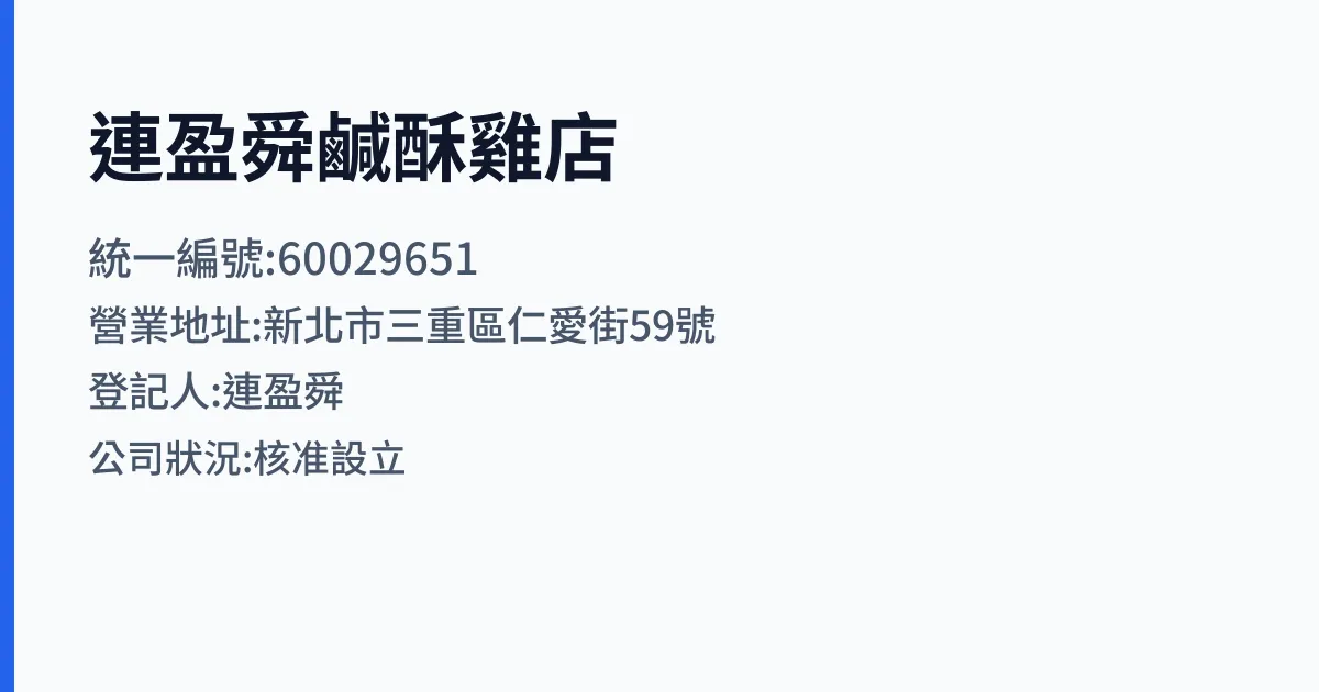 連盈舜鹹酥雞店 - 統編 60029651(新北市) 公司登記資料與營業項目詳細圖表