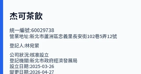 杰可茶飲的照片-統編 60029738(新北市) 公司登記資料與營業項目詳細圖表