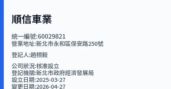 順信車業的照片-統編 60029821(新北市) 公司登記資料與營業項目詳細圖表