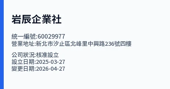 岩辰企業社的照片-統編 60029977(新北市) 公司登記資料與營業項目詳細圖表