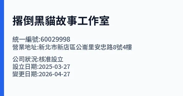 撂倒黑貓故事工作室的照片-統編 60029998(新北市) 公司登記資料與營業項目詳細圖表