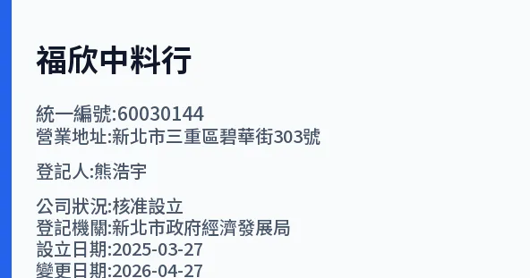 福欣中料行的照片-統編 60030144(新北市) 公司登記資料與營業項目詳細圖表
