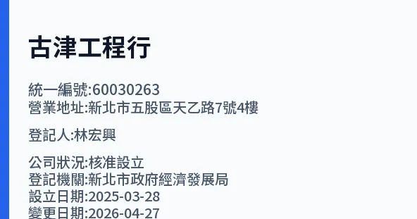 古津工程行的照片-統編 60030263(新北市) 公司登記資料與營業項目詳細圖表