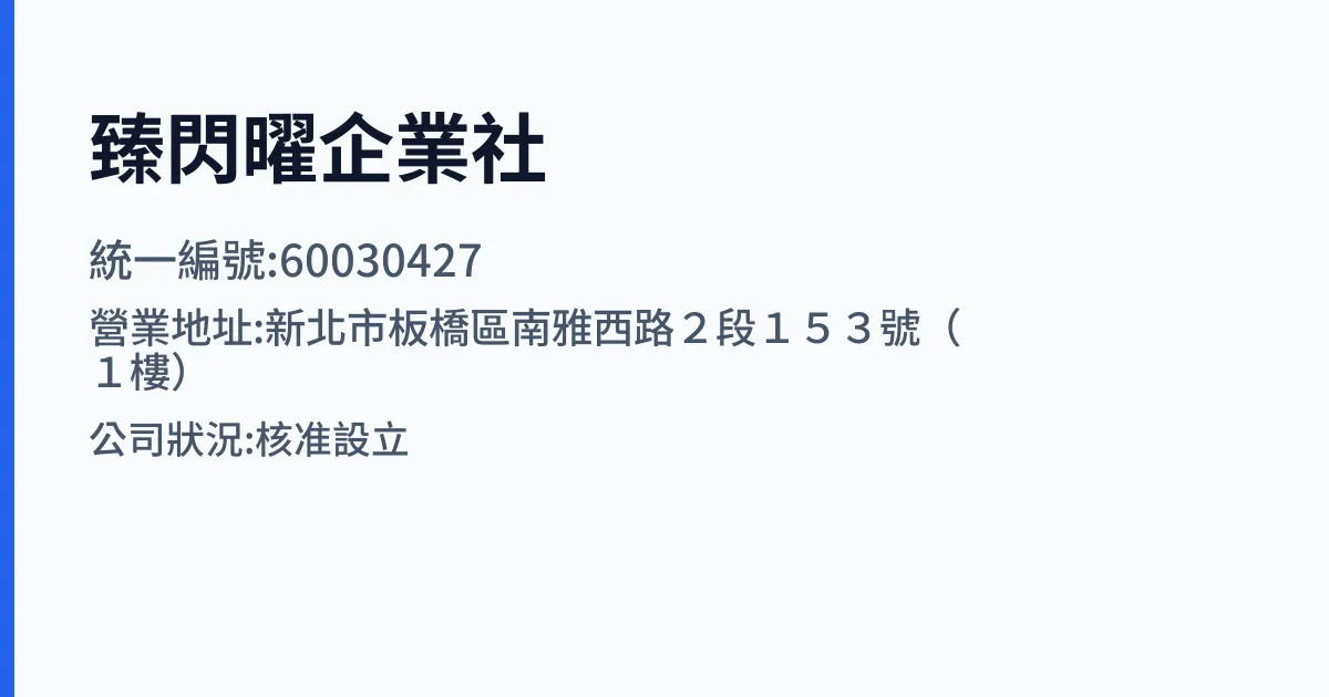 臻閃曜企業社 - 統編 60030427(新北市) 公司登記資料與營業項目詳細圖表