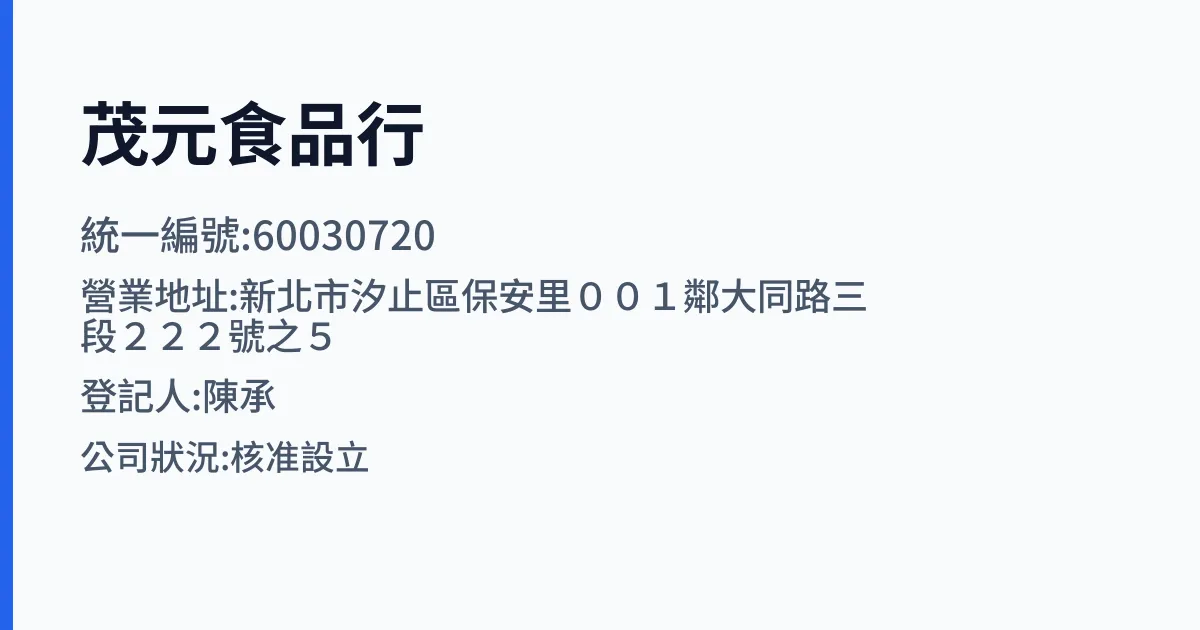 茂元食品行 - 統編 60030720(新北市) 公司登記資料與營業項目詳細圖表