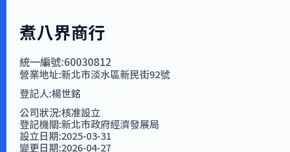 煮八界商行的照片-統編 60030812(新北市) 公司登記資料與營業項目詳細圖表
