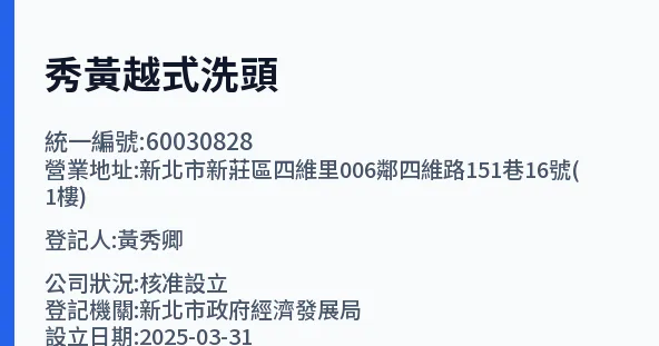 秀黃越式洗頭的照片-統編 60030828(新北市) 公司登記資料與營業項目詳細圖表