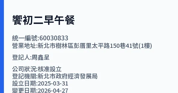 饗初二早午餐的照片-統編 60030833(新北市) 公司登記資料與營業項目詳細圖表