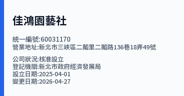 佳鴻園藝社的照片-統編 60031170(新北市) 公司登記資料與營業項目詳細圖表