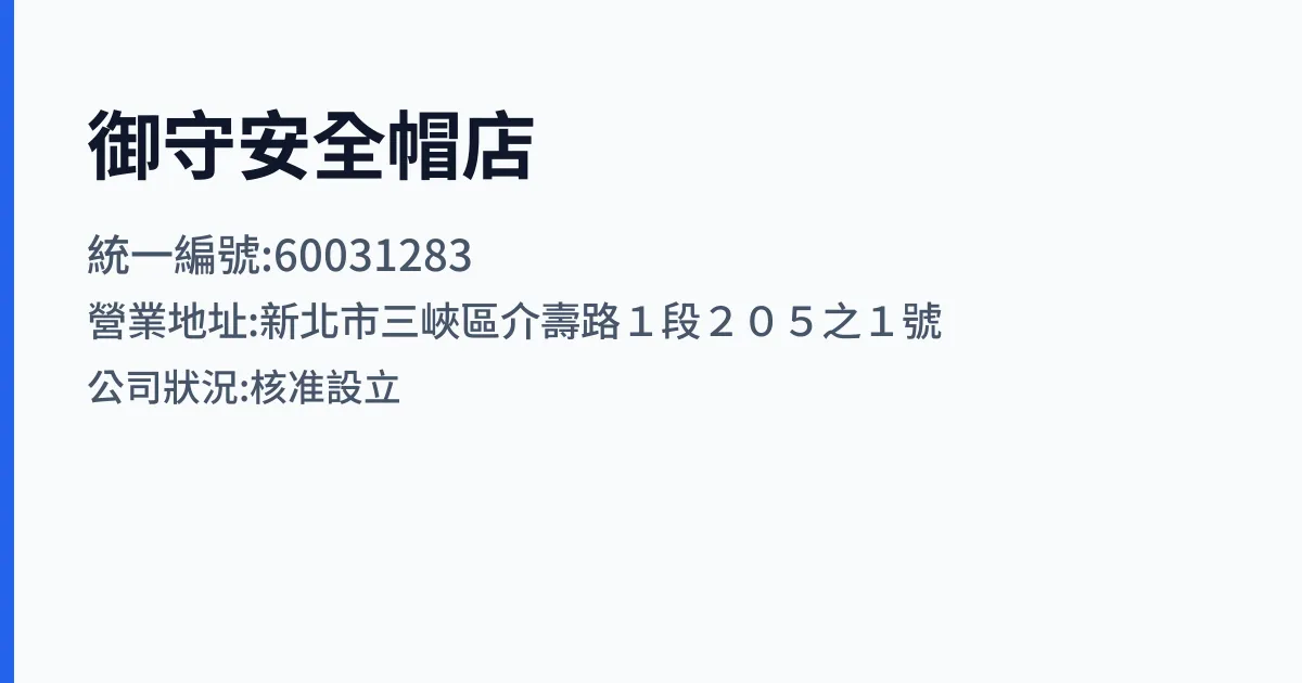 御守安全帽店 - 統編 60031283（新北市） 公司登記資料與營業項目詳細圖表