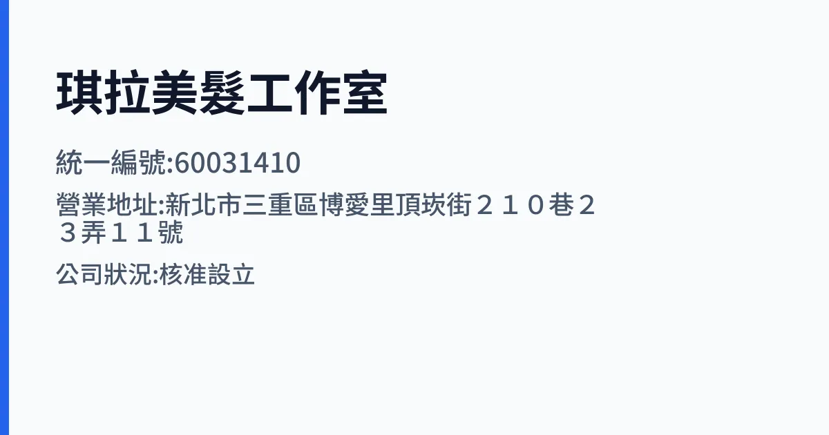 琪拉美髮工作室 - 統編 60031410（新北市） 公司登記資料與營業項目詳細圖表