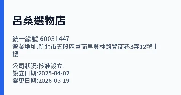 呂桑選物店的照片-統編 60031447(新北市) 公司登記資料與營業項目詳細圖表