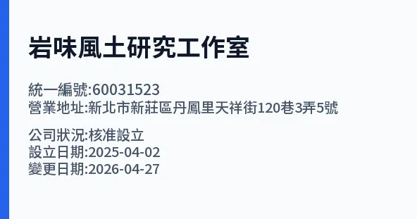 岩味風土研究工作室的照片-統編 60031523(新北市) 公司登記資料與營業項目詳細圖表