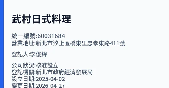 武村日式料理的照片-統編 60031684(新北市) 公司登記資料與營業項目詳細圖表