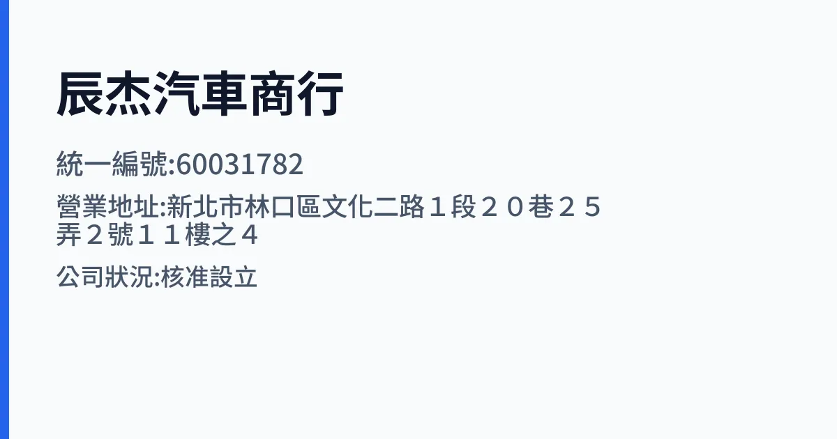 辰杰汽車商行 - 統編 60031782(新北市) 公司登記資料與營業項目詳細圖表