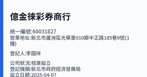 億金徠彩券商行的照片-統編 60031827(新北市) 公司登記資料與營業項目詳細圖表