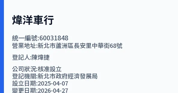 煒洋車行的照片-統編 60031848(新北市) 公司登記資料與營業項目詳細圖表