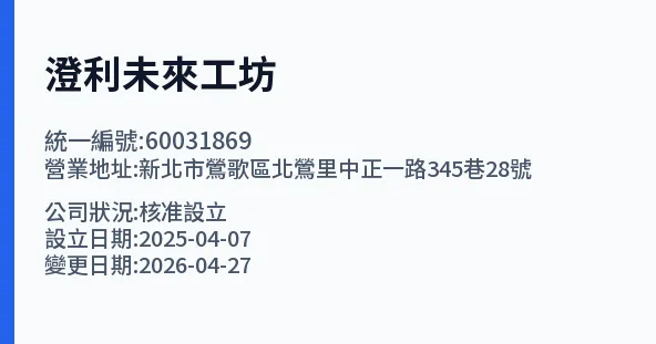 澄利未來工坊的照片-統編 60031869(新北市) 公司登記資料與營業項目詳細圖表