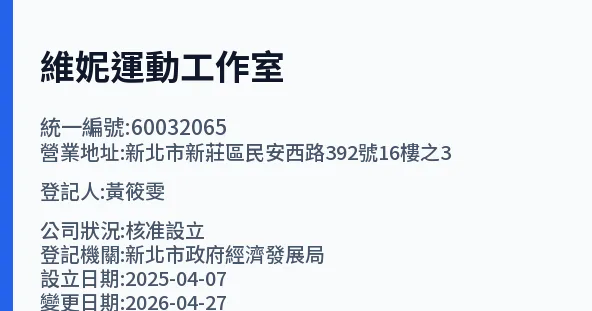 維妮運動工作室的照片-統編 60032065(新北市) 公司登記資料與營業項目詳細圖表