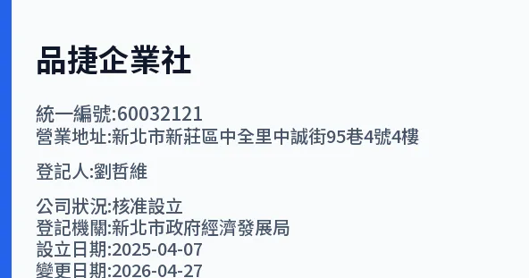 品捷企業社的照片-統編 60032121(新北市) 公司登記資料與營業項目詳細圖表