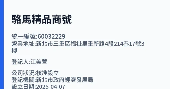 駱馬精品商號的照片-統編 60032229(新北市) 公司登記資料與營業項目詳細圖表