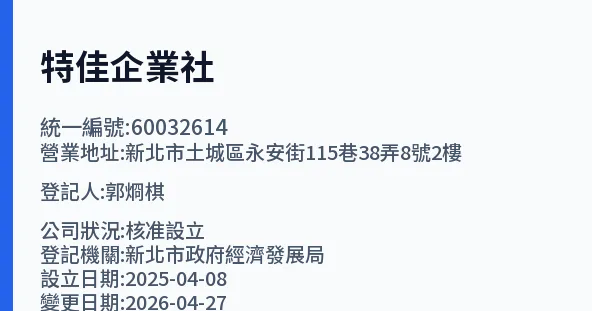 特佳企業社的照片-統編 60032614(新北市) 公司登記資料與營業項目詳細圖表