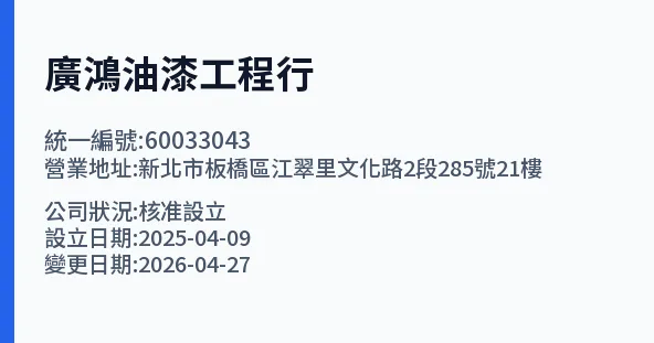 廣鴻油漆工程行的照片-統編 60033043(新北市) 公司登記資料與營業項目詳細圖表