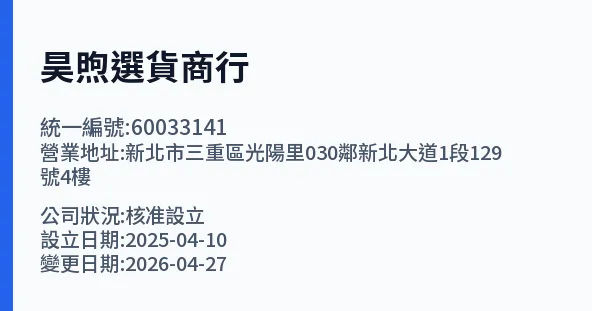 昊煦選貨商行的照片-統編 60033141(新北市) 公司登記資料與營業項目詳細圖表