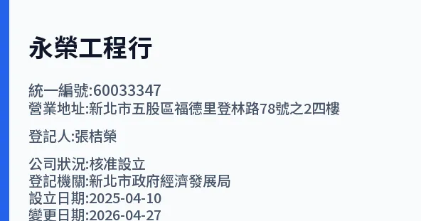 永榮工程行的照片-統編 60033347(新北市) 公司登記資料與營業項目詳細圖表