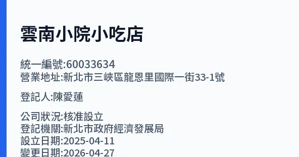 雲南小院小吃店的照片-統編 60033634(新北市) 公司登記資料與營業項目詳細圖表