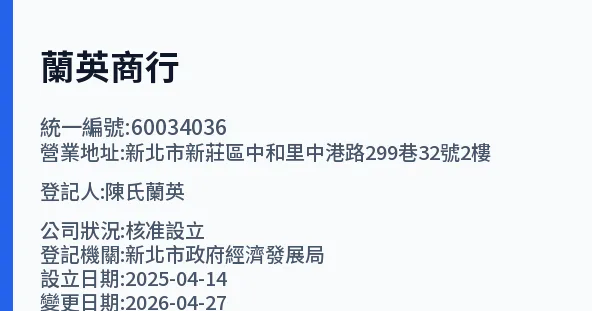 蘭英商行的照片-統編 60034036(新北市) 公司登記資料與營業項目詳細圖表