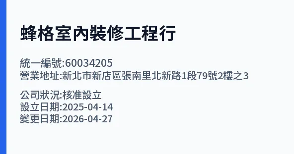 蜂格室內裝修工程行的照片-統編 60034205(新北市) 公司登記資料與營業項目詳細圖表