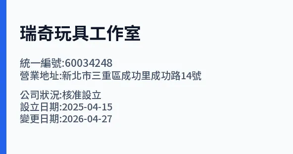 瑞奇玩具工作室的照片-統編 60034248(新北市) 公司登記資料與營業項目詳細圖表