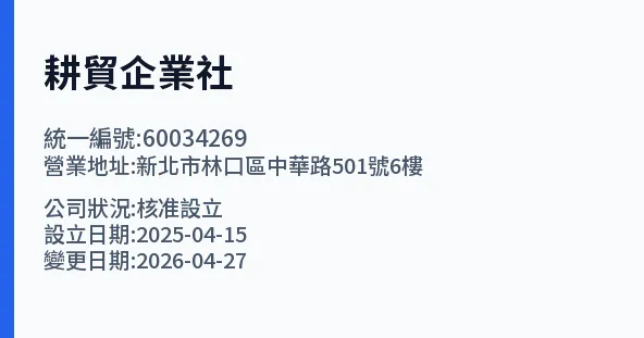 耕貿企業社的照片-統編 60034269(新北市) 公司登記資料與營業項目詳細圖表