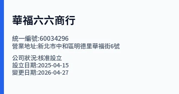 華福六六商行的照片-統編 60034296(新北市) 公司登記資料與營業項目詳細圖表