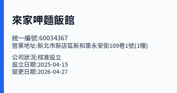 來家呷麵飯館的照片-統編 60034367(新北市) 公司登記資料與營業項目詳細圖表
